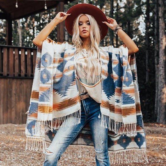 Shop_Fig | Sweaters | New Aztec Western Fringe Poncho Blanket Cardigan ...